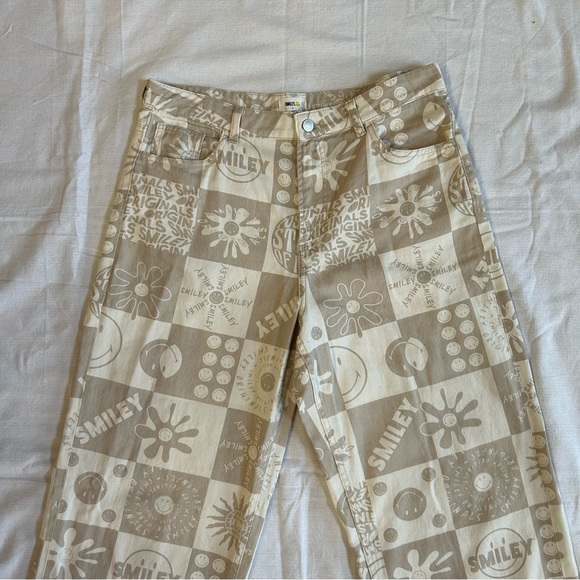 H&M | Jeans | Smiley X Hm Wide Leg Cream Taupe Smiley Face Patterned ...